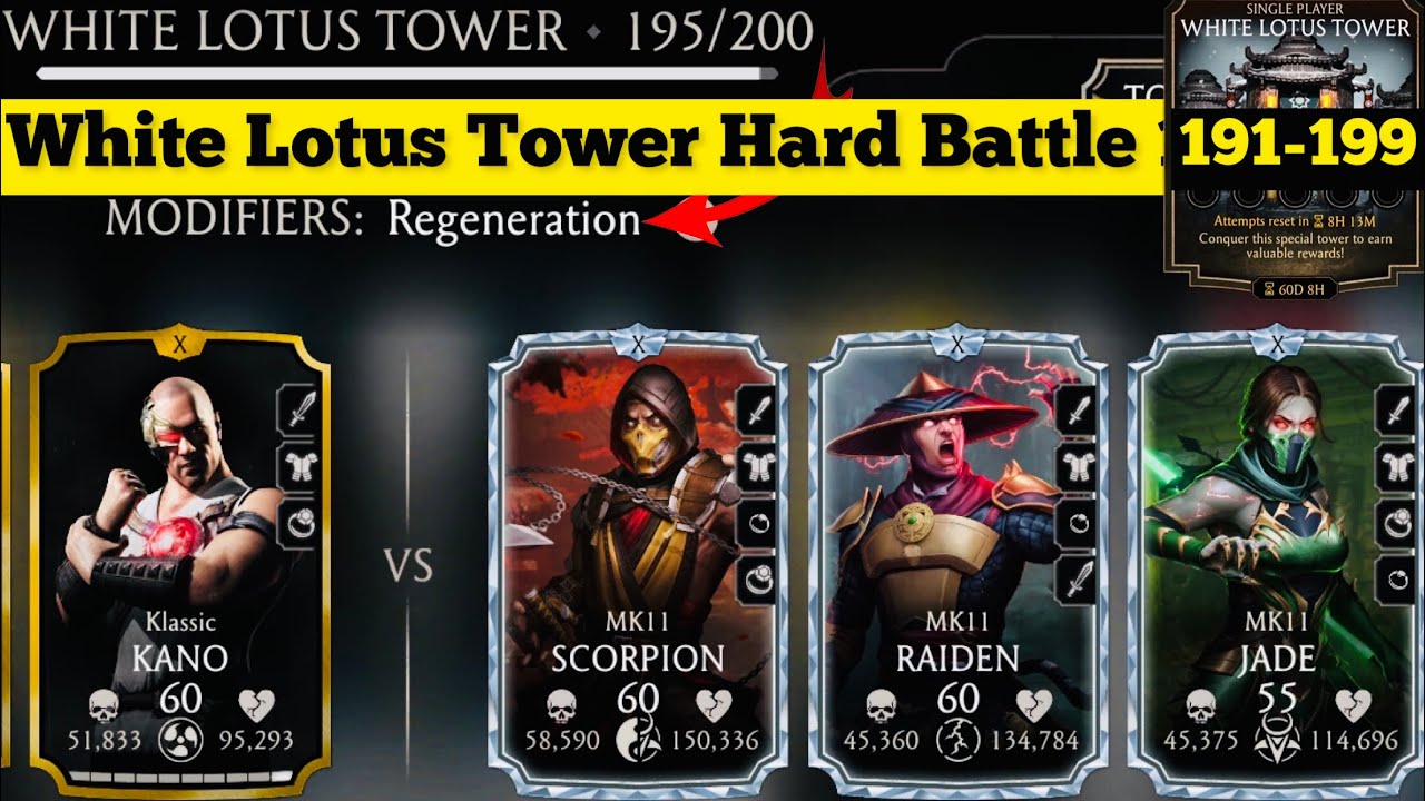 White lotus Tower Hard Battle 191-199 Fight + Reward MK Mobile - YouTube