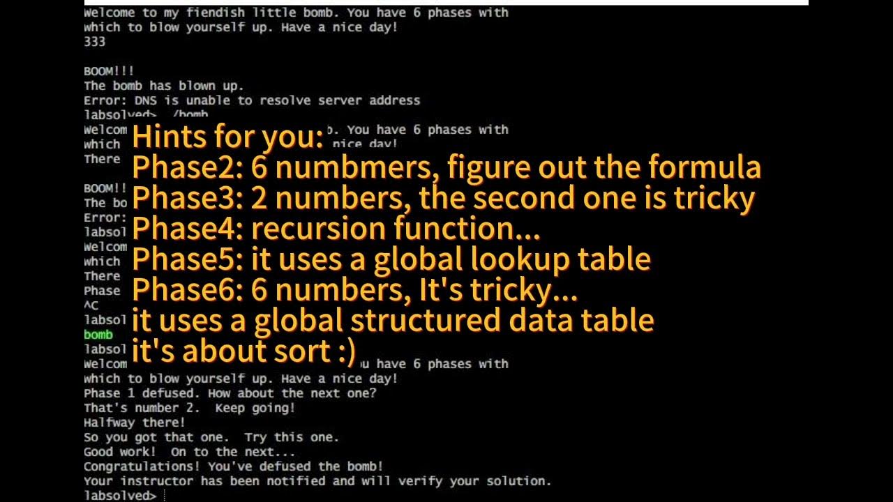 [DEFUSED] Hints! CS367 Binary Bomb Lab with 6 phases and 1 secret phase - YouTube