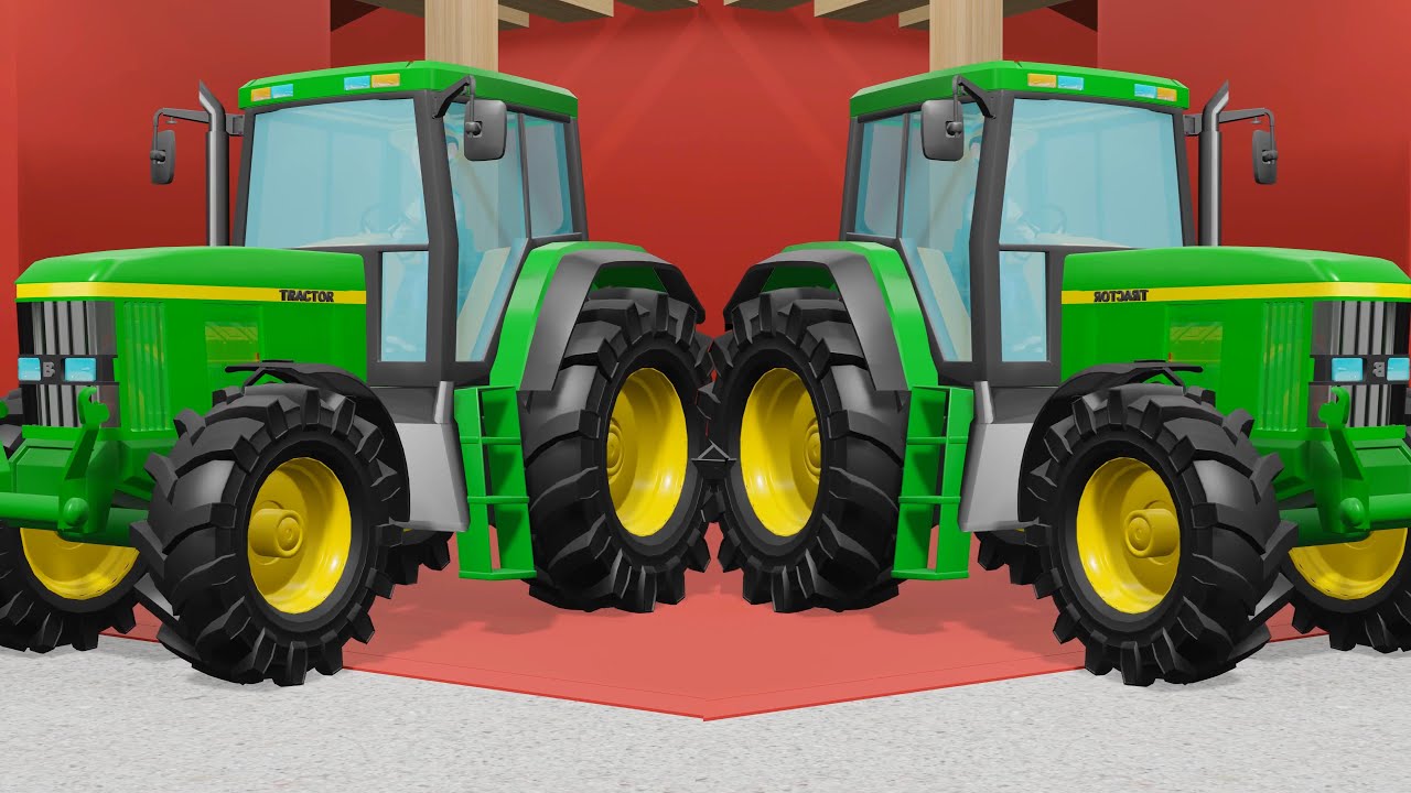 Variously Colored Tractors on an Animated Farm and Farm Work in the ...