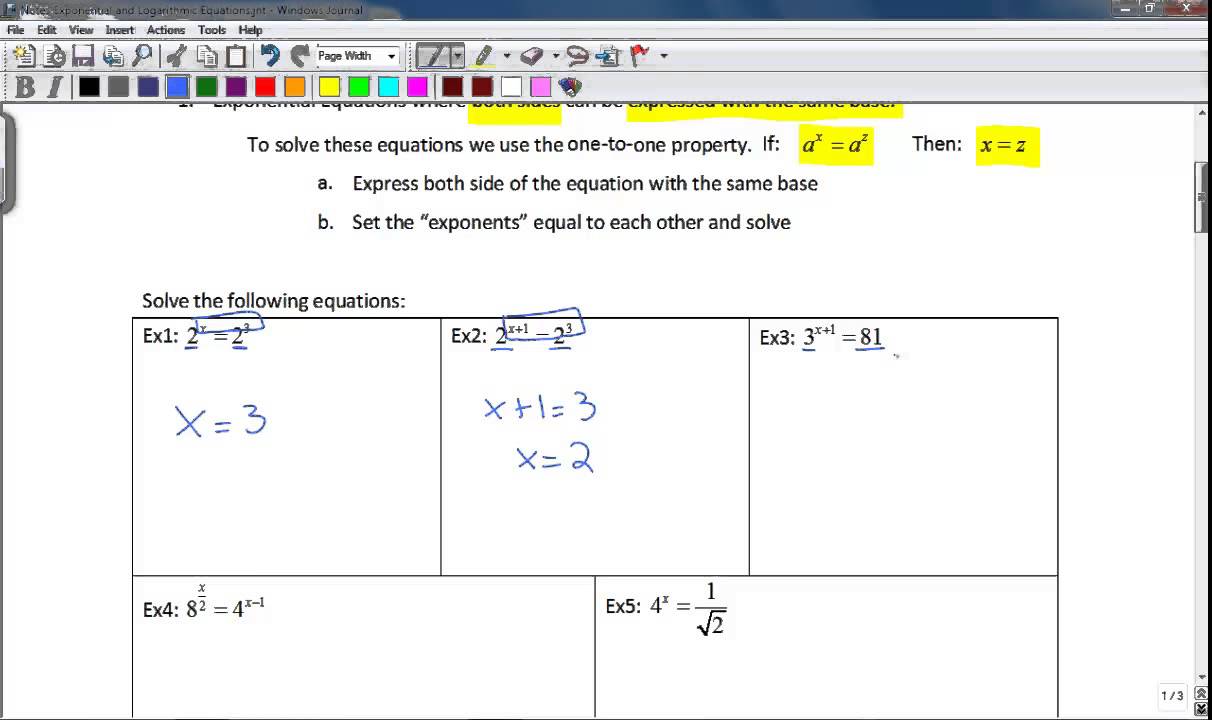 Exponential and Logarithmic Equations Part 1 - YouTube