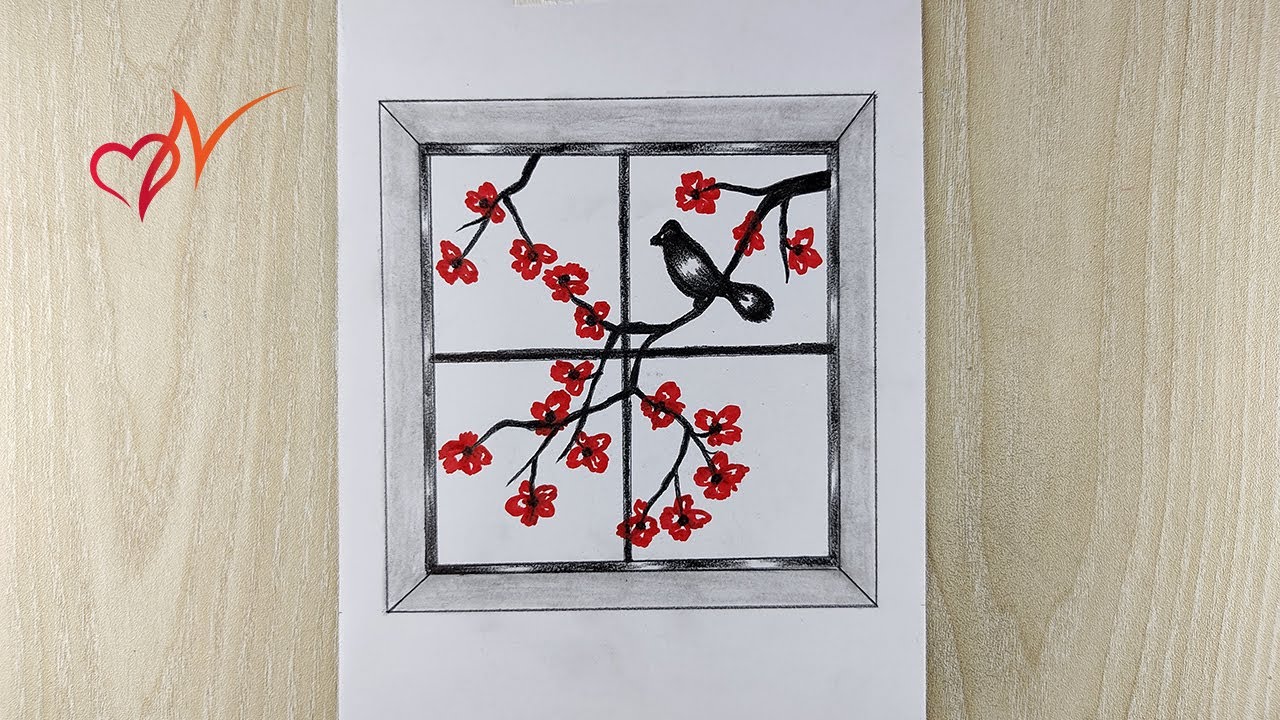 Tree branches with flowers and birds pencil drawing | How to draw ...