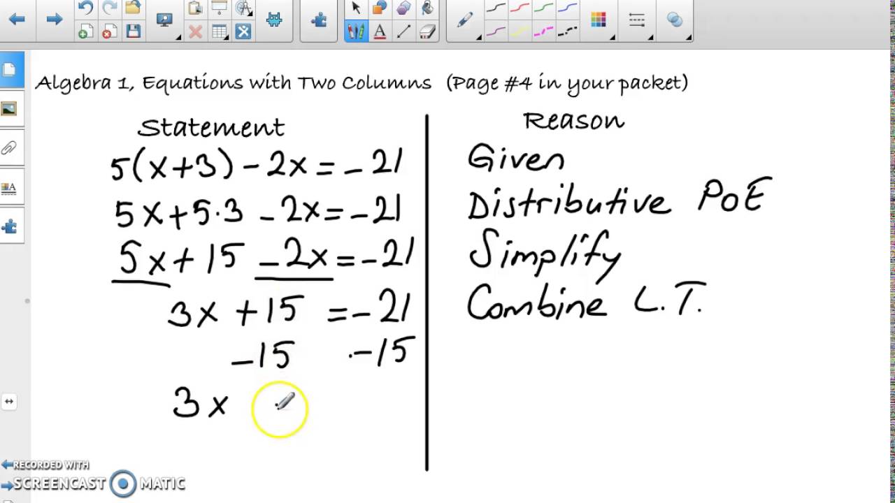 Algebra 1, Solving Equations with Two Columns - YouTube