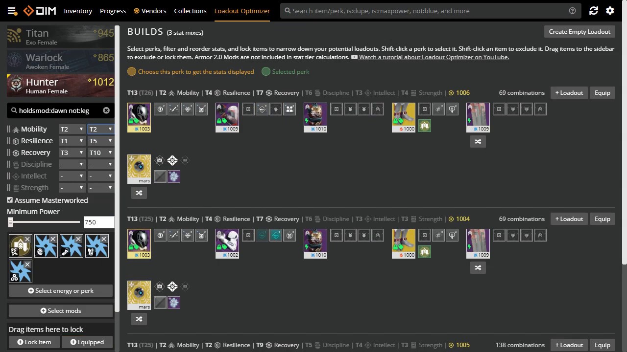 How to find max mob/res/rec built on a hunter with Destiny Item Manager ...