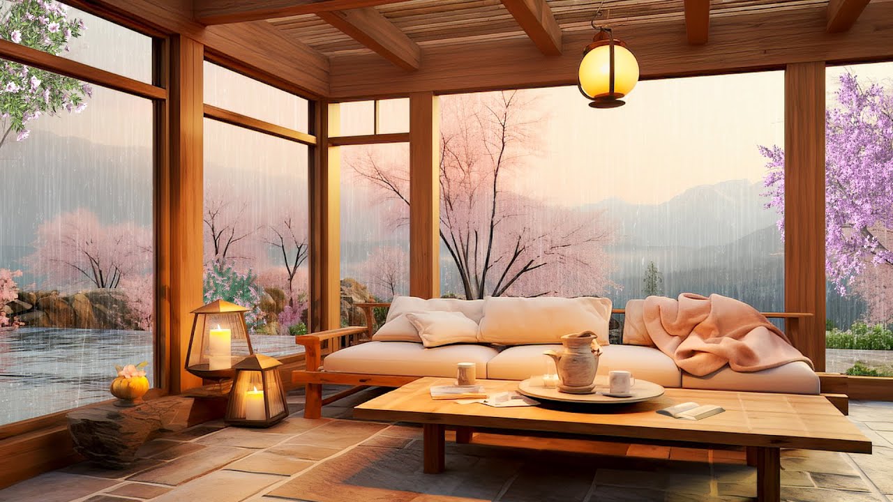 Spring Forest Ambience & Cherry Blossoms Cozy Cabin Ambience with ...
