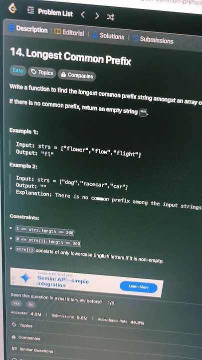 Leetcode 14 Interview Questions Longest Common Prefix Placement questions #coding #leetcode # ...