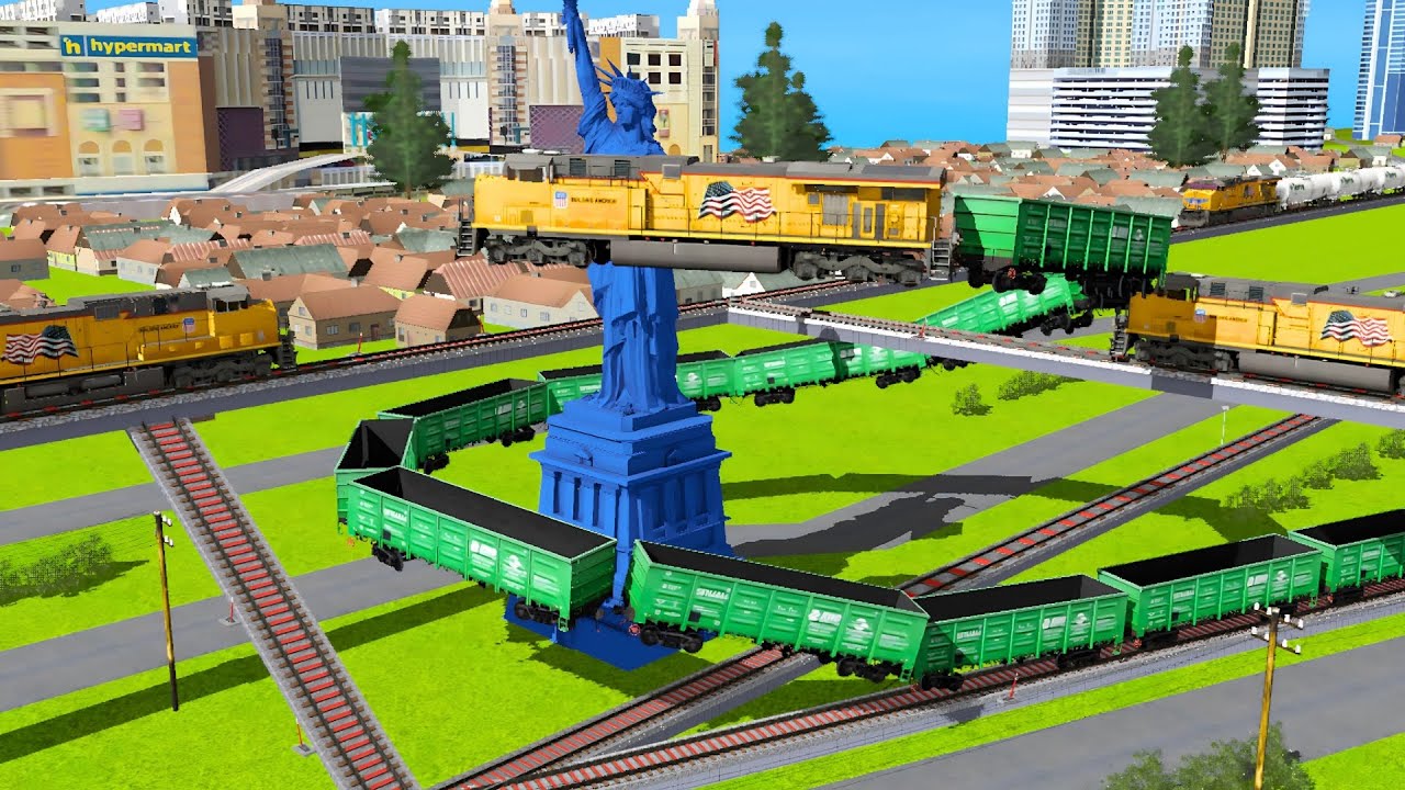 Union Pacific Trains Crash Into a Giant Statue of Liberty | Epic Trainz ...