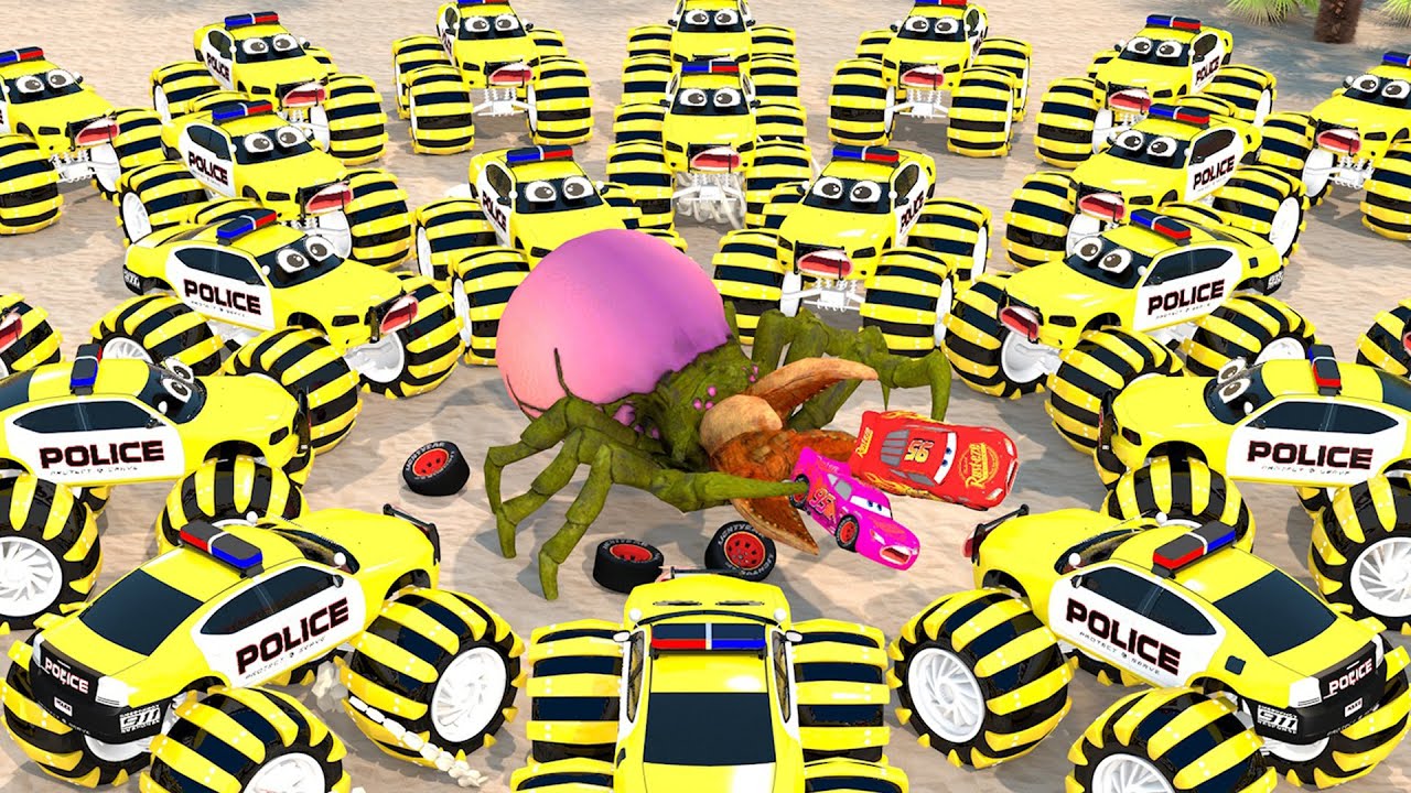 Pink and Red McQueen Attacked by Spider Monster!! Giant Wheel Police ...