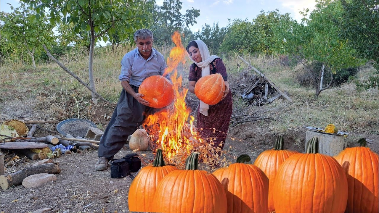 Lifestyle and cooking of a rural girl and father in Iran/Baking pumpkin ...