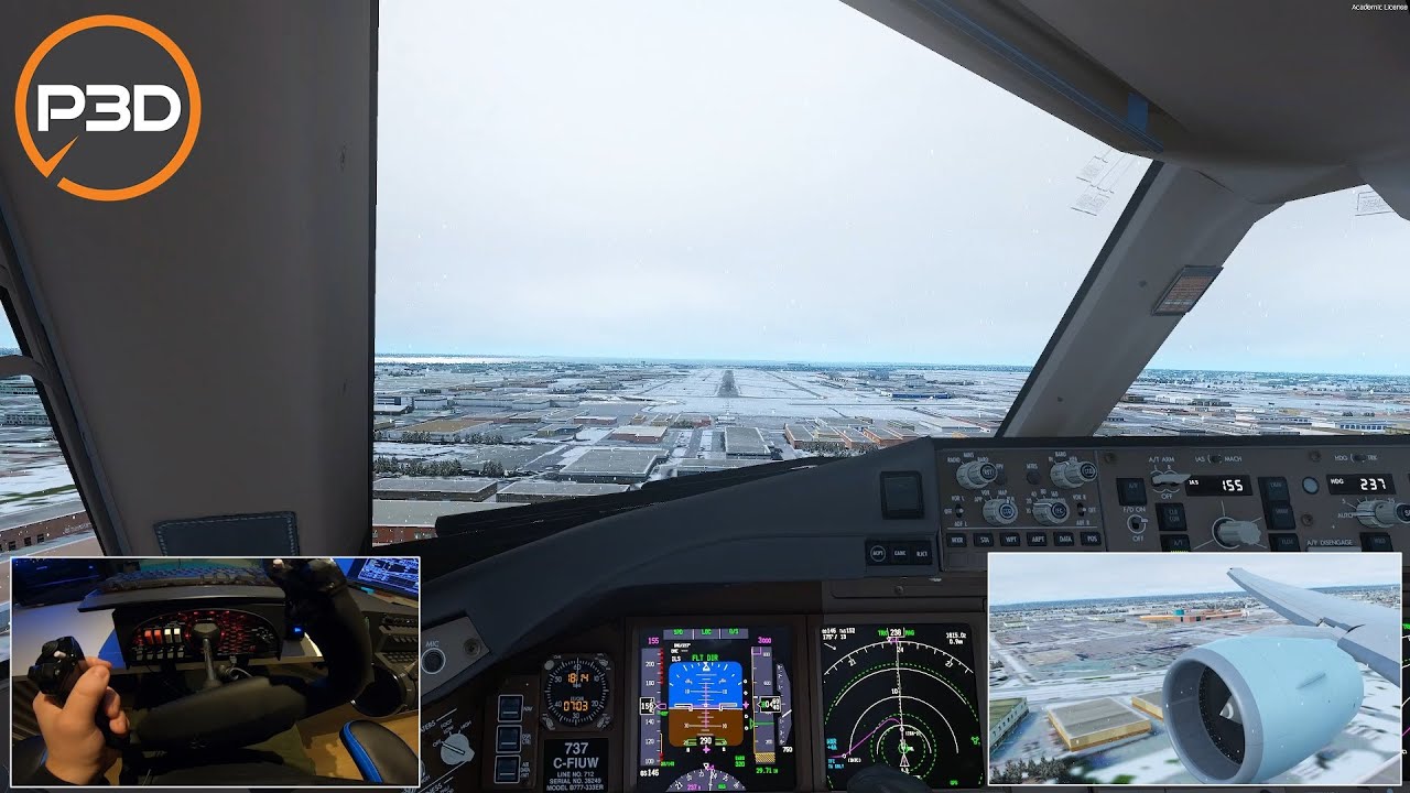P3D V5.3 | Full flight | Snowy Crosswind landing Montreal | EGLL - CYUL | PMDG 777 | Honeycomb ...