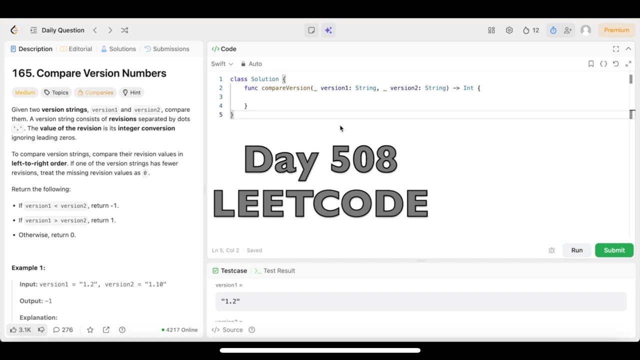 Day 508: LeetCode Problem 165. Compare Version Numbers - Swift - YouTube