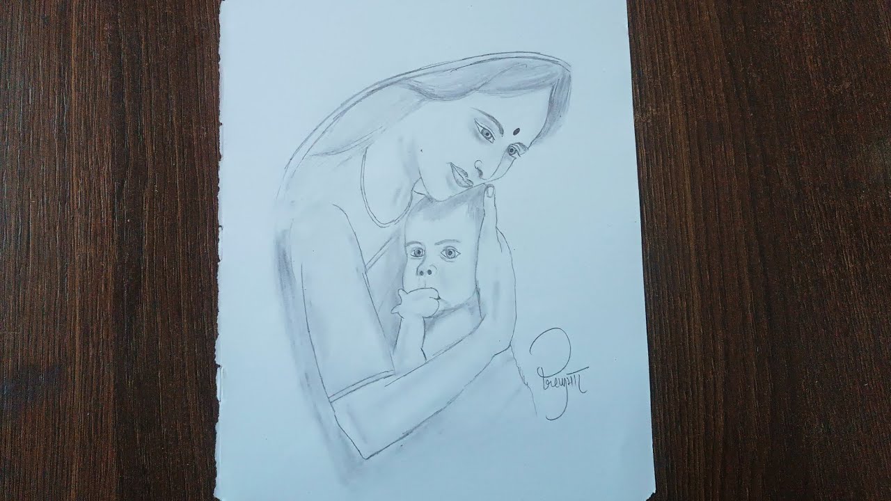 Mom With Child Sketch || Mother Love Drawing || - YouTube