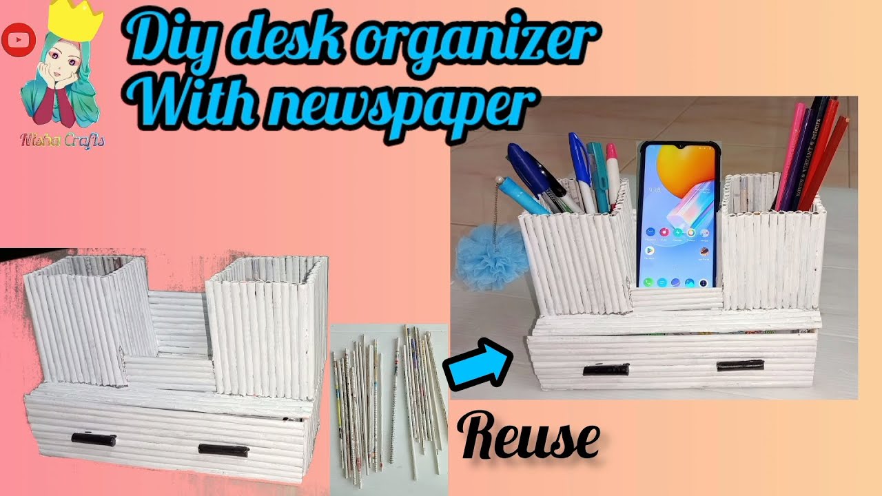 🗃️💞Diy desk organizer with waste newspaper🔥/pen holder/mobile stand ...