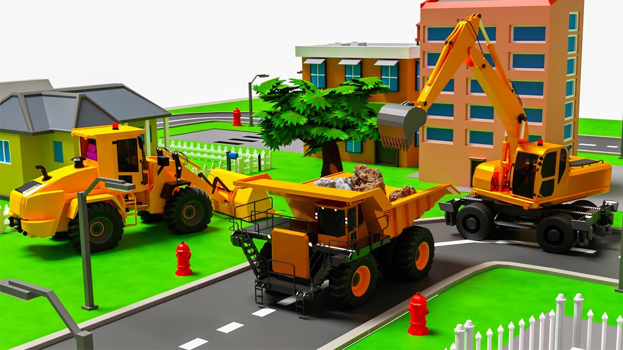 Excavator digging soil - Dump truck transporting and Planting Trees ...