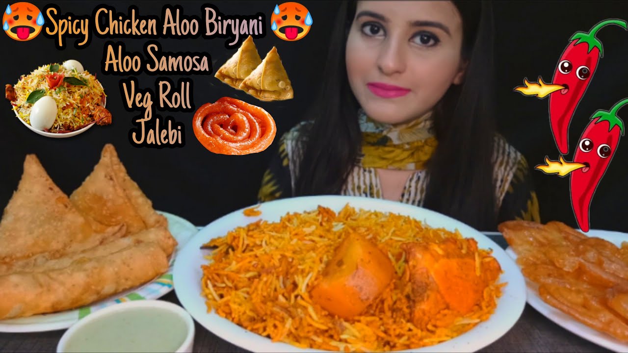 Eating Spicy Chicken Aloo Biryani, Aloo Samosa, Veg Roll, Jalebi ...