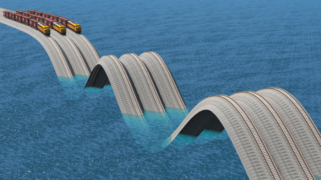 Impossible Weird Triple Wave Rail Tracks Vs Trains Crossing Giant Pit ...