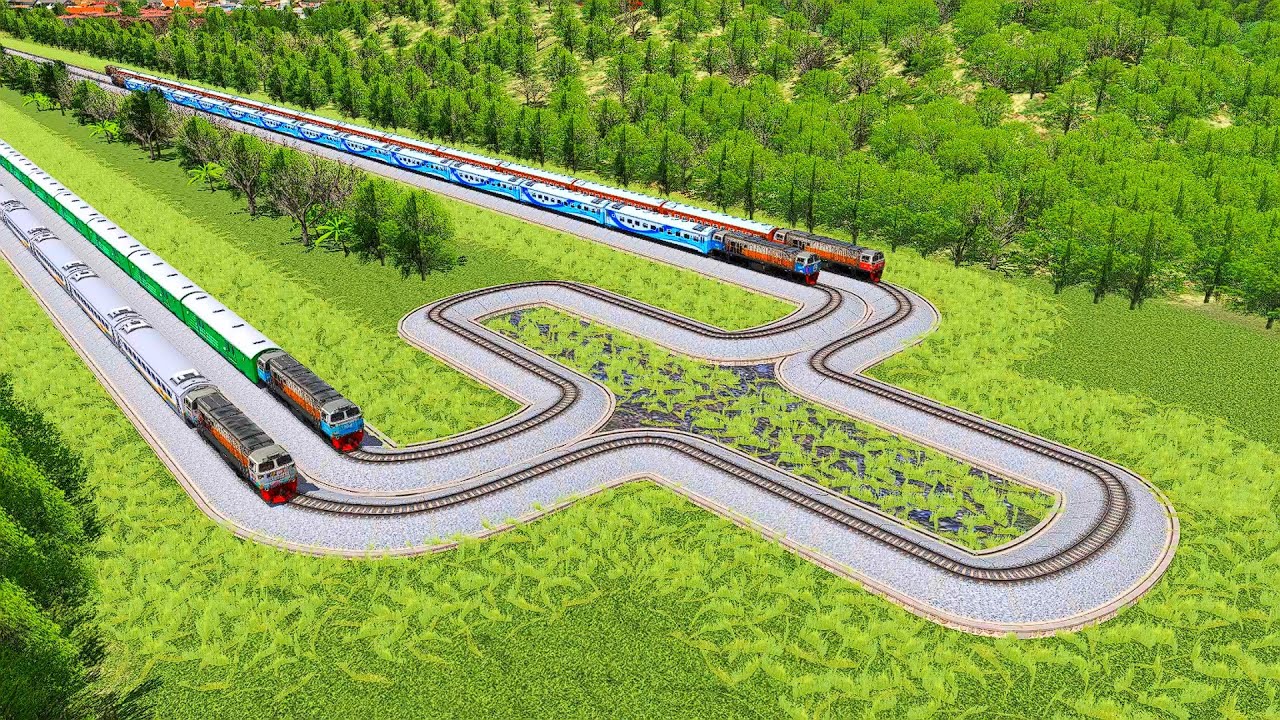 4 Trains Crossing On Double Sharp Bend Track-Kereta Api vs Rel Tikungan ...