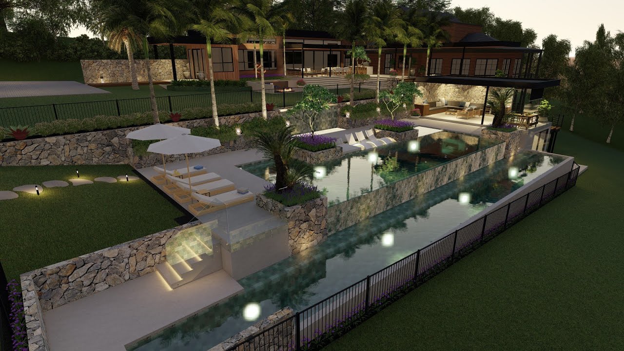 Custom contemporary resort pool & outdoor Living, with house design and ...