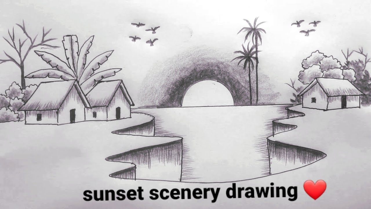 Sunset scenery drawing☺️ ️ ️ /village drawing easy /Gramer drisso ...