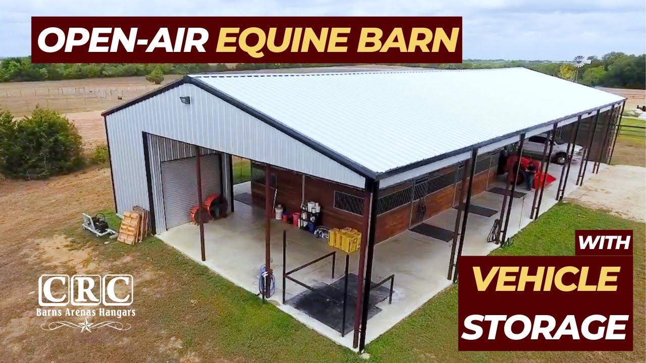 Spacious open-air equine barn with vehicle storage - YouTube