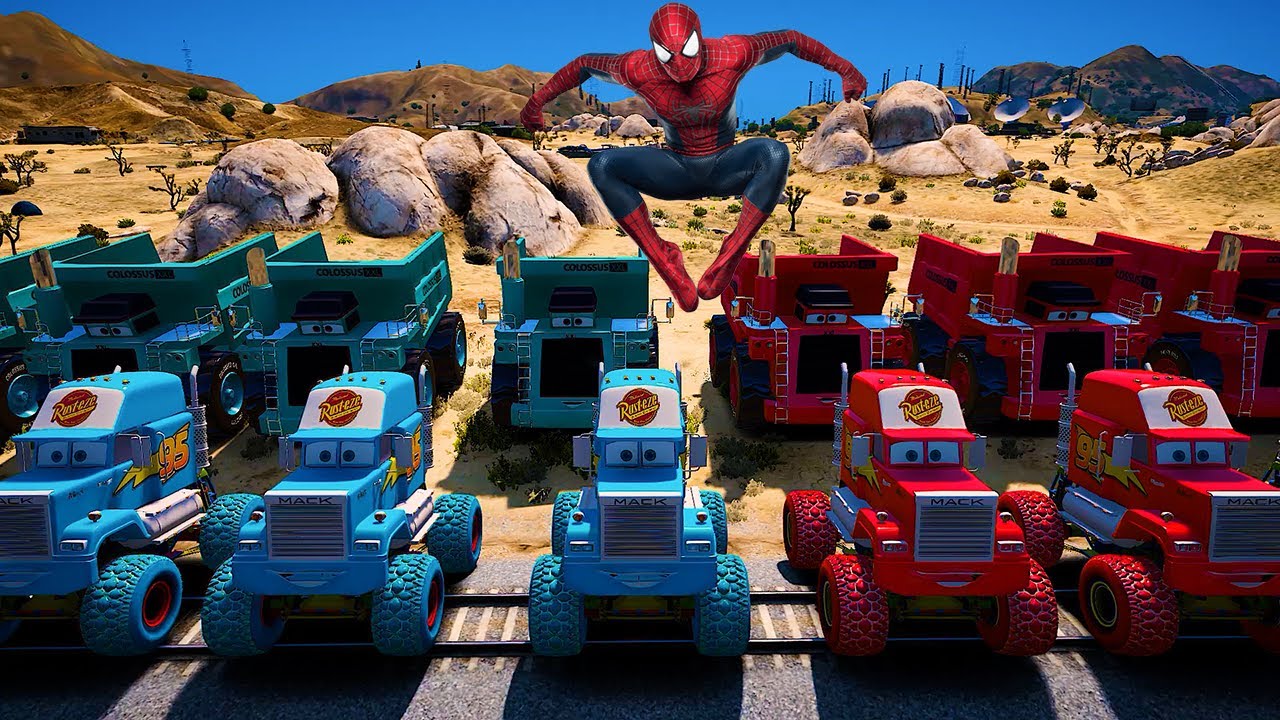GTA 5 Spiderman Vs Train Disney Cars Pixar Lightning and Monster ...