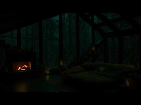[NO ADS] Sleep Instantly💤Rain Sounds, Distant Thunder & Fireplace Ambience | Cozy Forest Cabin Night