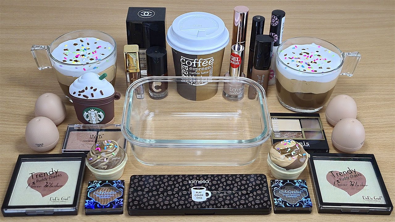 COFFEE SLIME Mixing makeup beads and glitter into Clear Slime ...