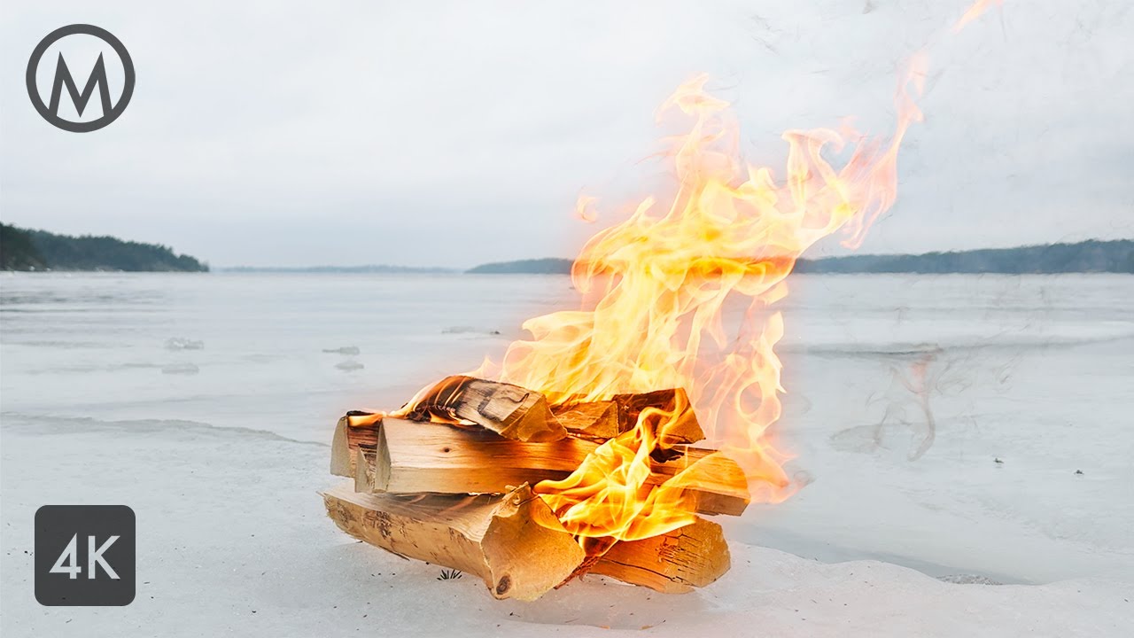 Campfire on Ice 🔥 Dancing Flames by the Frozen Shore - 3 hours 4K - YouTube