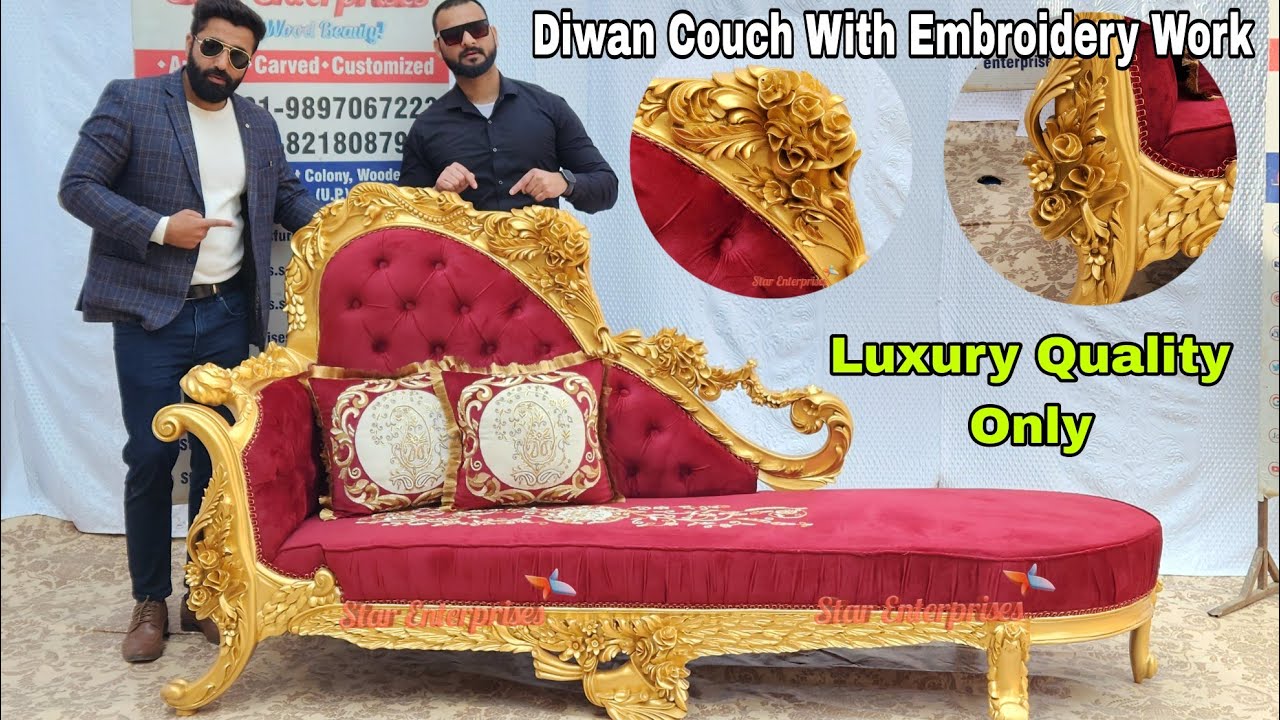 Royal Divan Couch With Antique Carving | 4 Seater Golden Diwan Couch ...