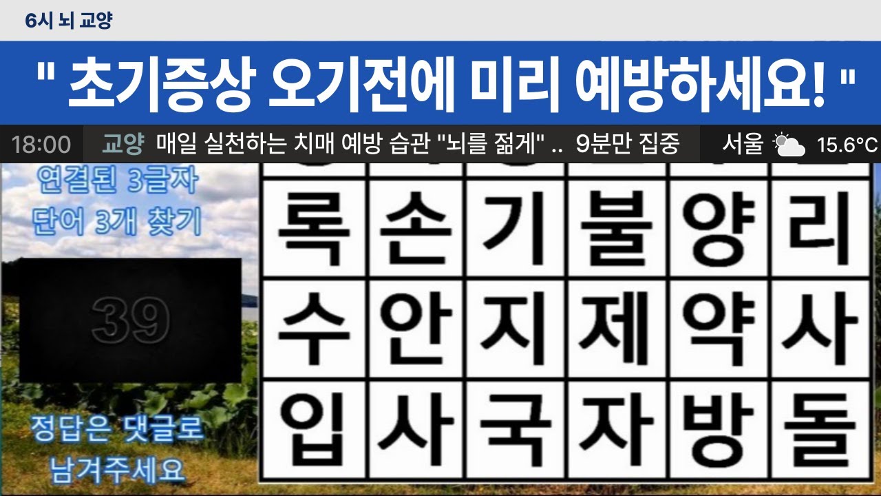 초기증상 오기전에 미리 예방하세요 100세시대 건강하게 숨은단어찾기치매예방치매예방퀴즈치매테스트단어퀴즈낱말퀴즈기억력