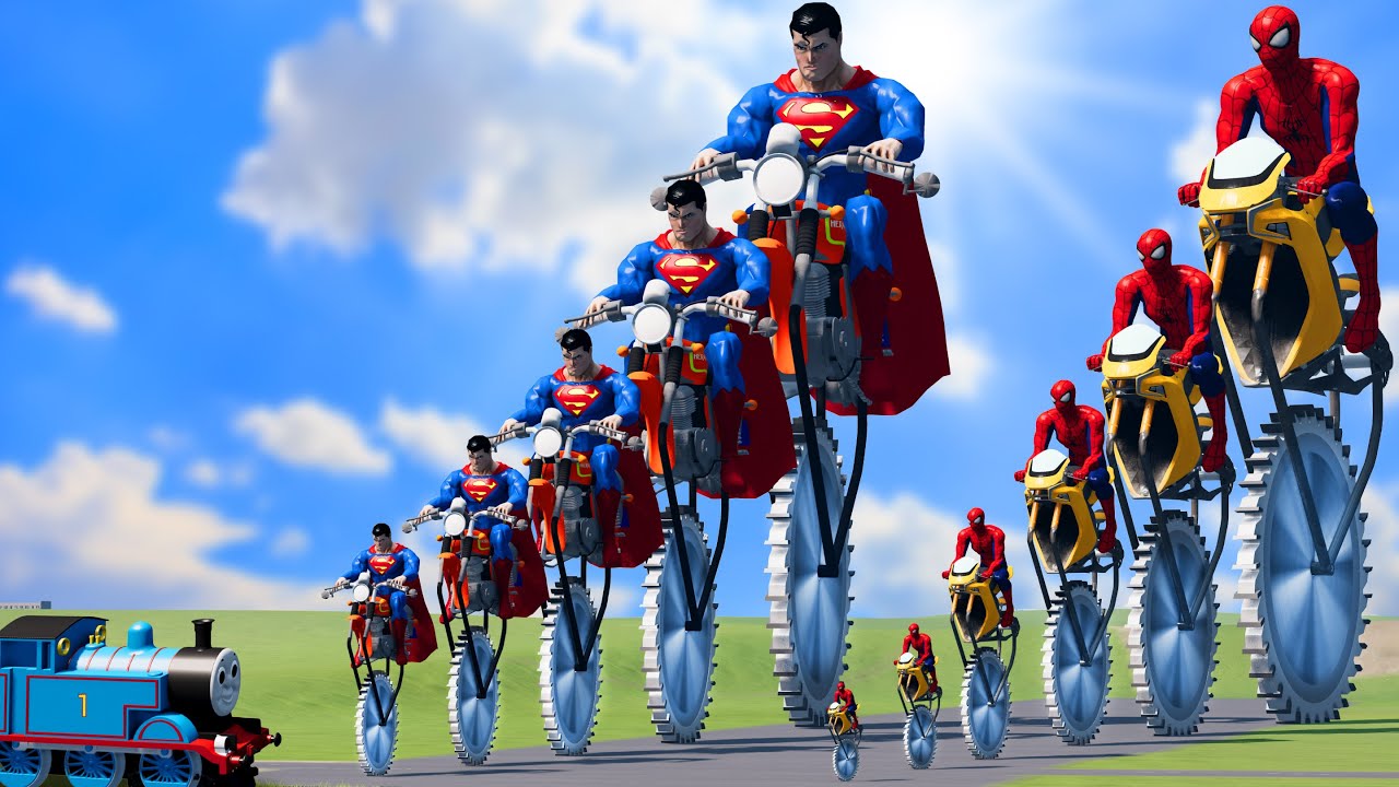 Big & Small: Spiderman vs Superman on a motorcycle on one saw wheel vs ...