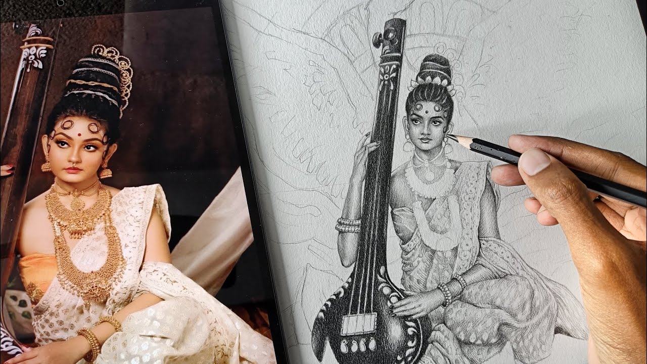 Drawing Saraswati Mata // Artistic Shading tutorial Step by step ...