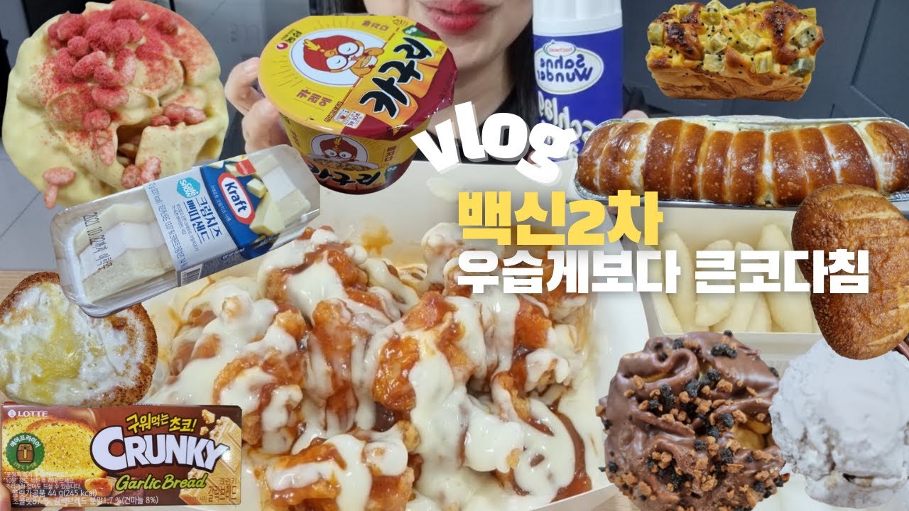먹방브이로그 휘핑크림 올린 슈프림양념치킨 파리바게트 빵들 칸식스 슈니발렌 편의점 신상카구리 구워먹는초콜릿 디저트
