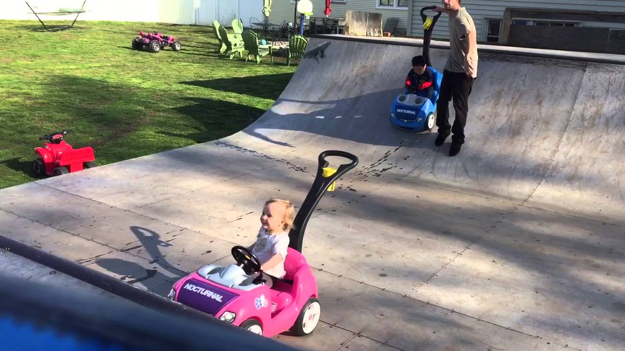 Dad Pushes Kids in Mini Cars on Ramp - YouTube