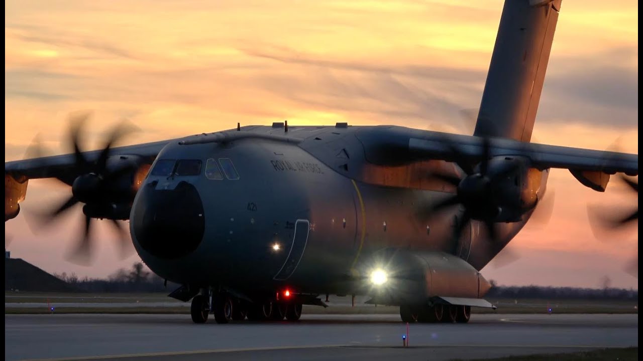 Sunset Takeoff! Royal Air Force (RAF) Airbus A400M Departure from ...