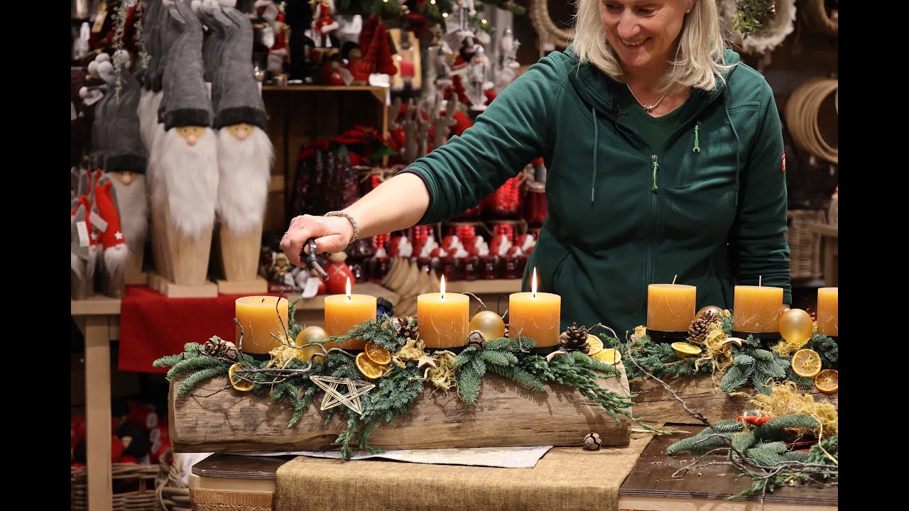 DIY-Adventskranz aus Holzscheit mit Naturdeko in Honig-Tönen - YouTube