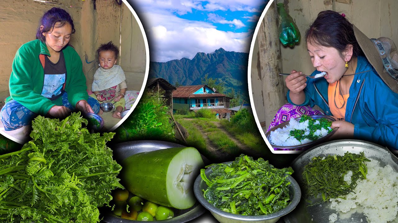 Green Fiddlehead #Niguro Recipe cooking & eating with Rice in Village ...