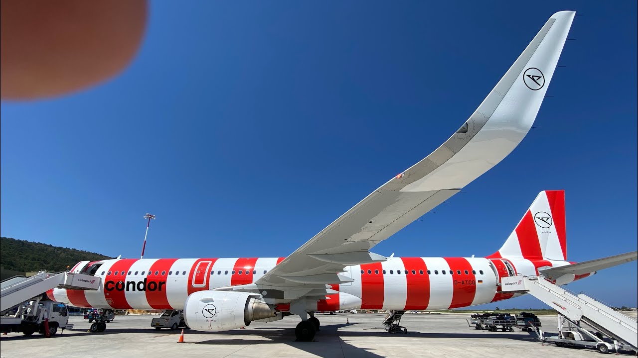 Mit dem Condor A321-211 rot gestreift D-ATCG von Rhodos nach Frankfurt ...