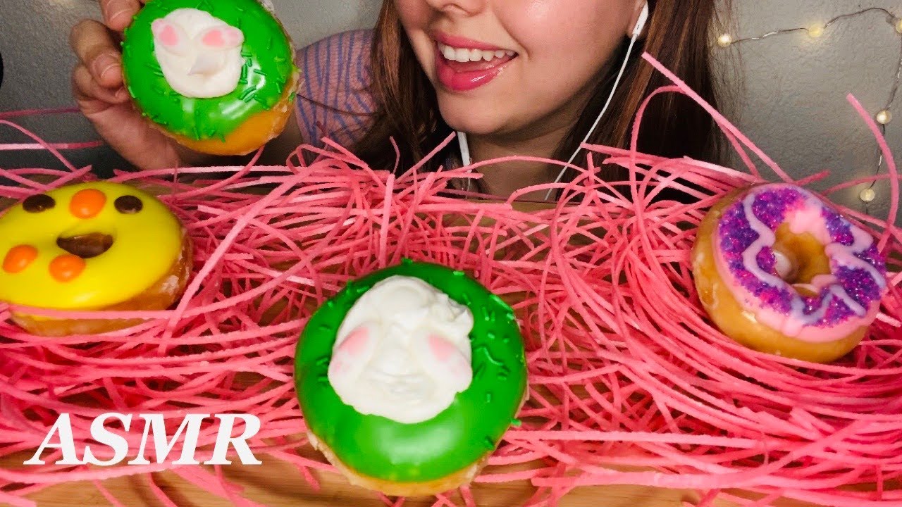 ASMR EASTER MINI DONUTS WITH EDIBLE GRASS |EATING SOUNDS| NO TALKING ...