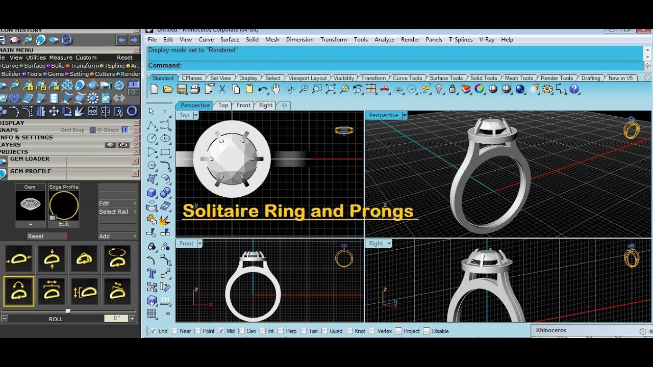 solitaire ring with prongs rhino 3d - YouTube