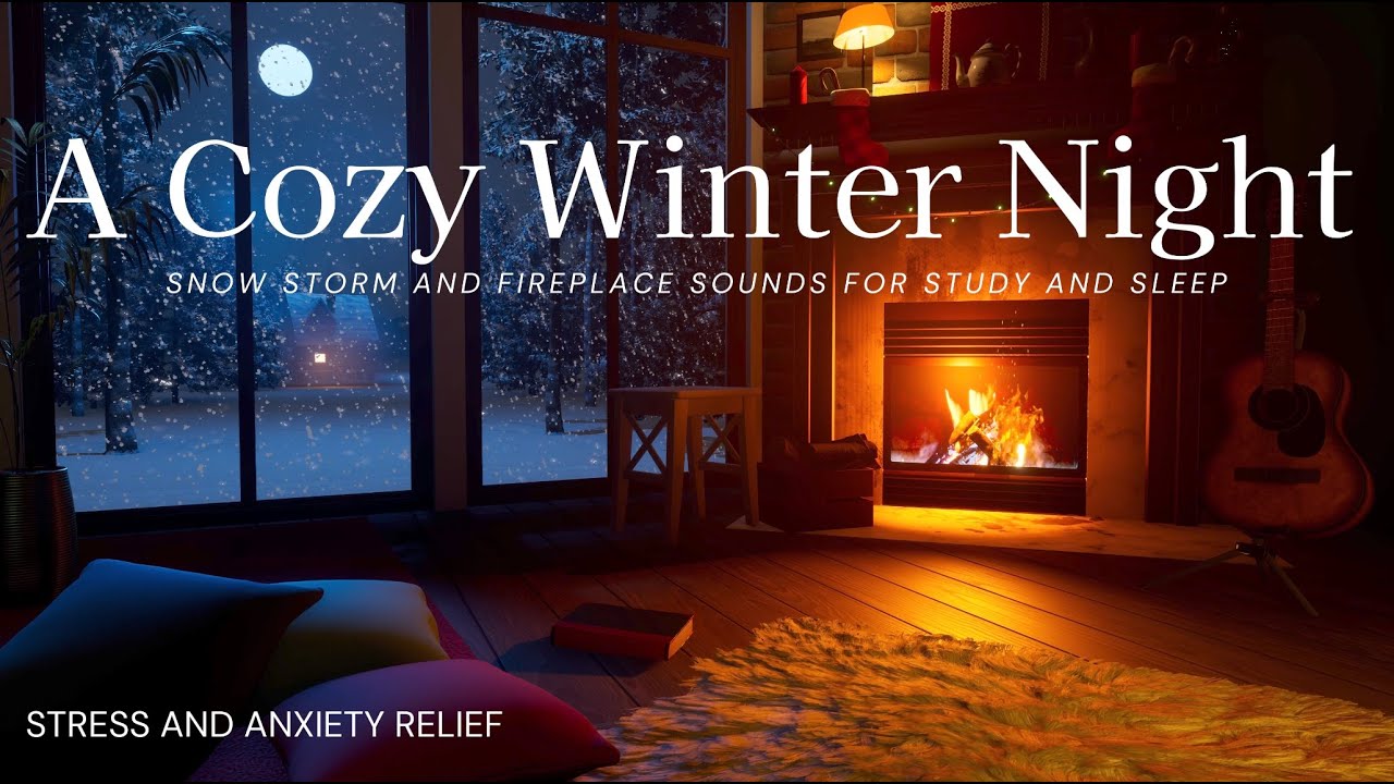 A COZY WINTER NIGHT | SNOW STORM and FIREPLACE SOUNDS FOR STUDY OR ...