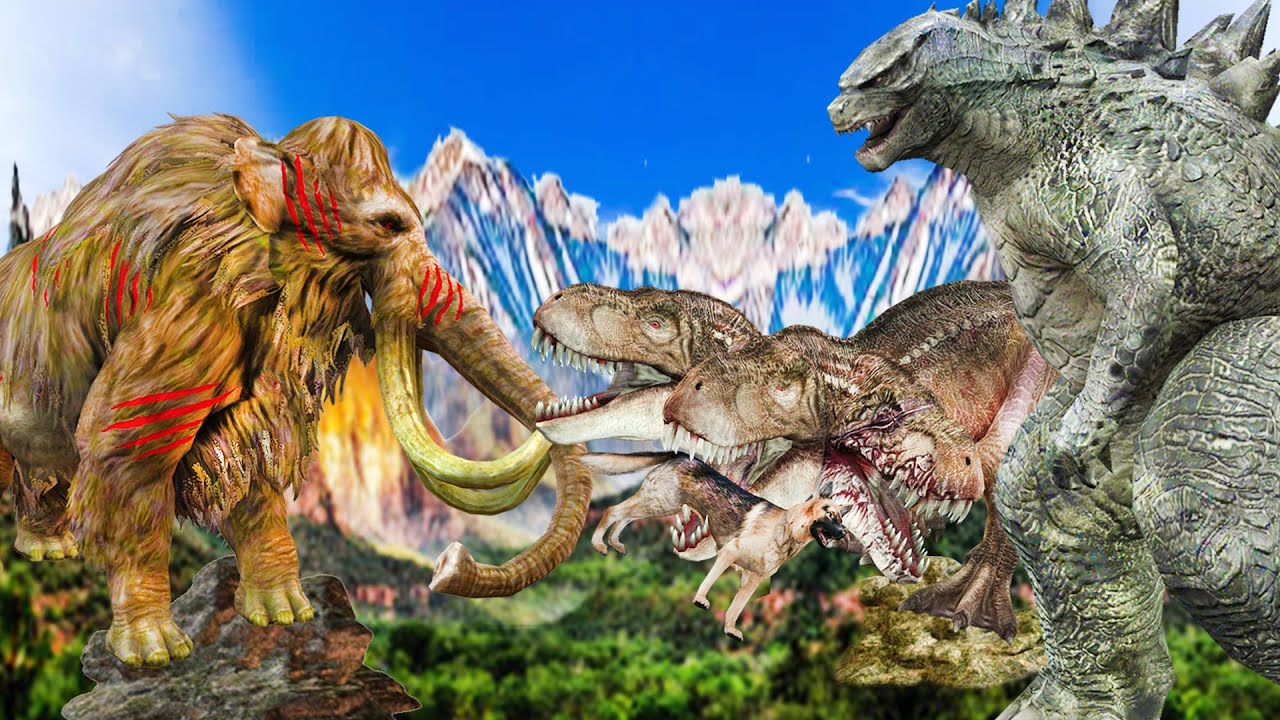 3 Headed T Rex Vs Woolly Mammoth Vs Godzilla | Mammoth Save Dog From ...