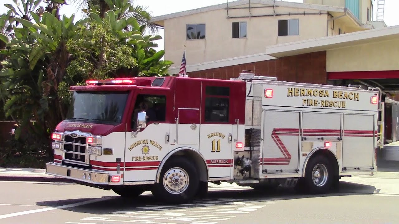 Hermosa Beach Fire Engine 11 and rescue 11 responding - YouTube