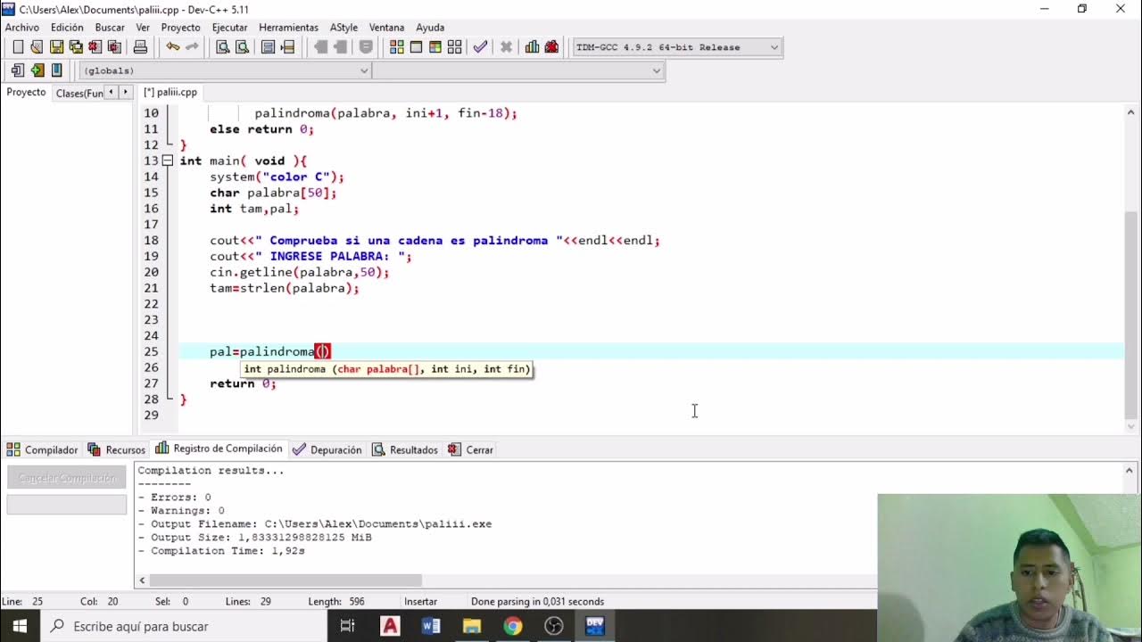 DEV C++ funcion char, bool, strlen, palindroma - YouTube