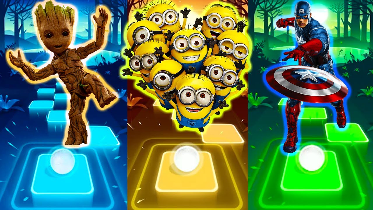 Minions VS Groot VS Captain America dancing | Tiles Hop EDM Rush - YouTube