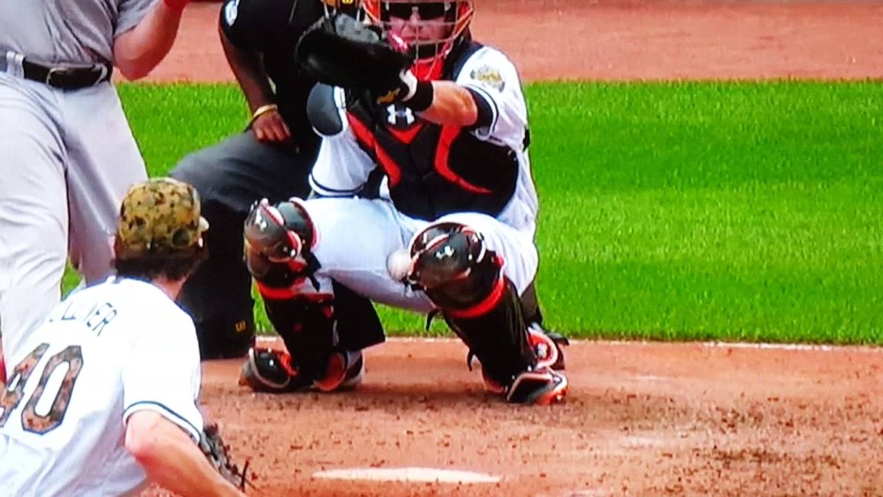 Caleb Joseph nut shot (injury) - YouTube