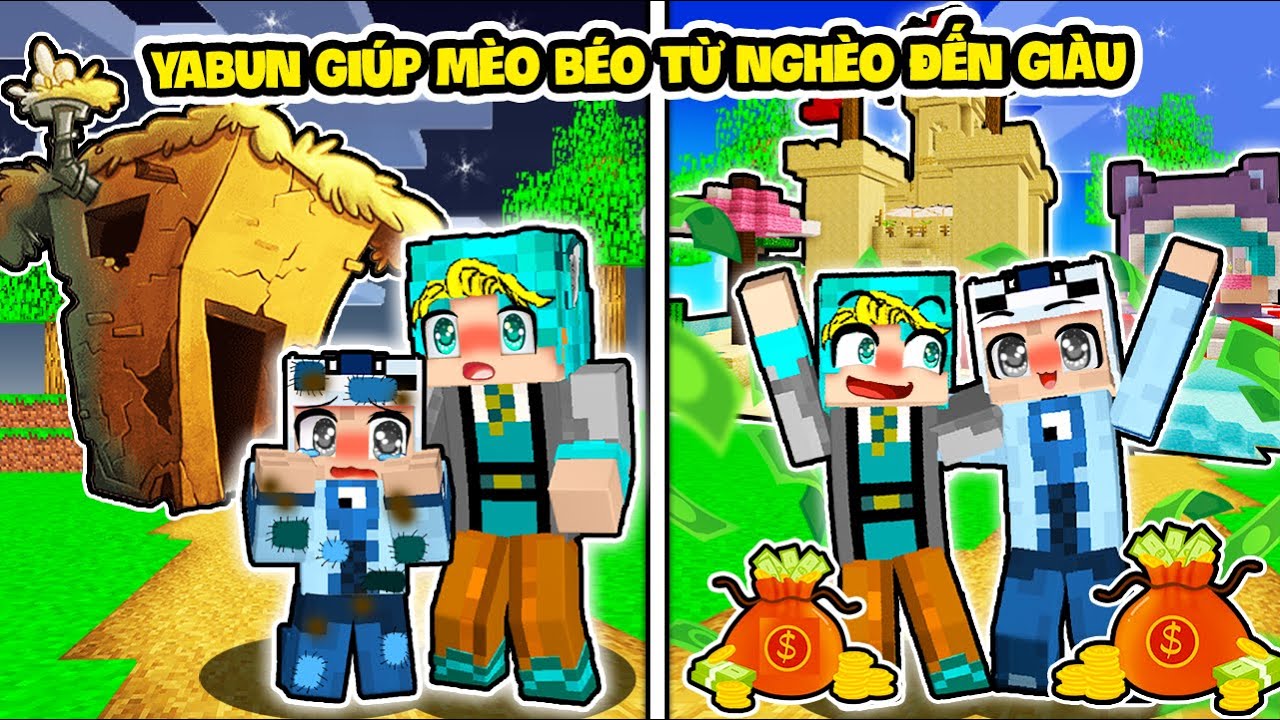 YABUN THỬ THÁCH 24 GIỜ GIÚP MÈO BÉO TỪ NGHÈO THÀNH GIÀU TRONG LÀNG MỚI HERO TEAM MINECRAFT - YouTube
