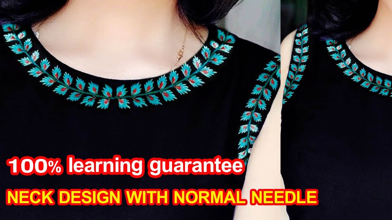 🔴 Beautiful and simple Embroidery neck design with normal needle just ...