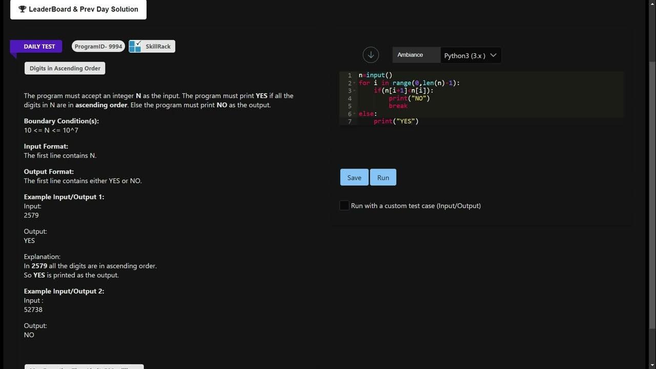 Skillrack Daily Test 18112023 Digits In Ascending Order Program Id 9994 Python Code