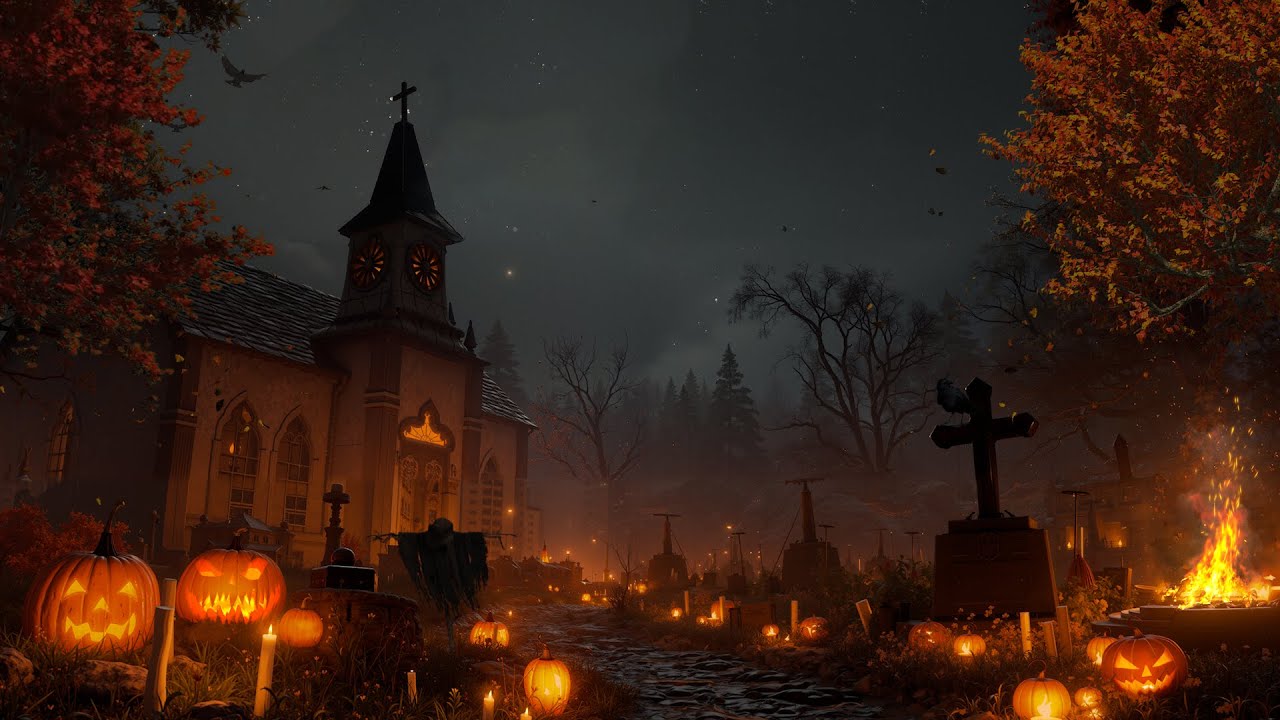 Haunted Church Graveyard ⛪️ | Halloween Night Ambience with Leaves ...