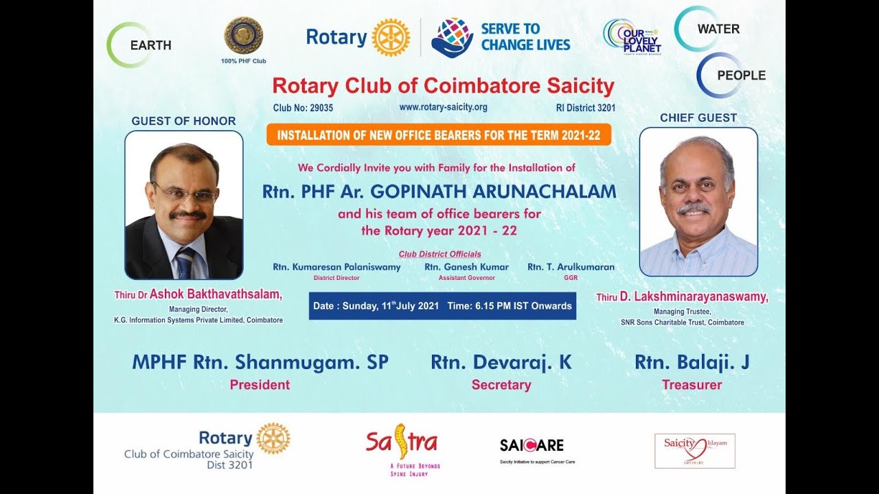 Rotary Club of Coimbatore Saicity Installation 21-22 - YouTube